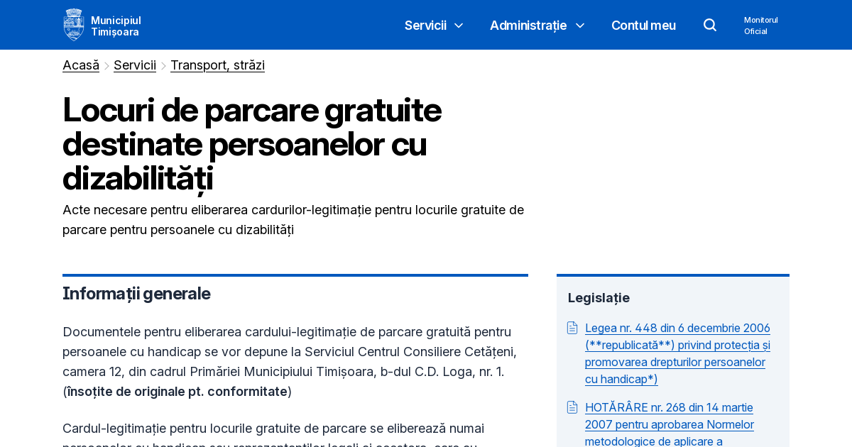 Locuri de parcare gratuite destinate persoanelor cu dizabilități