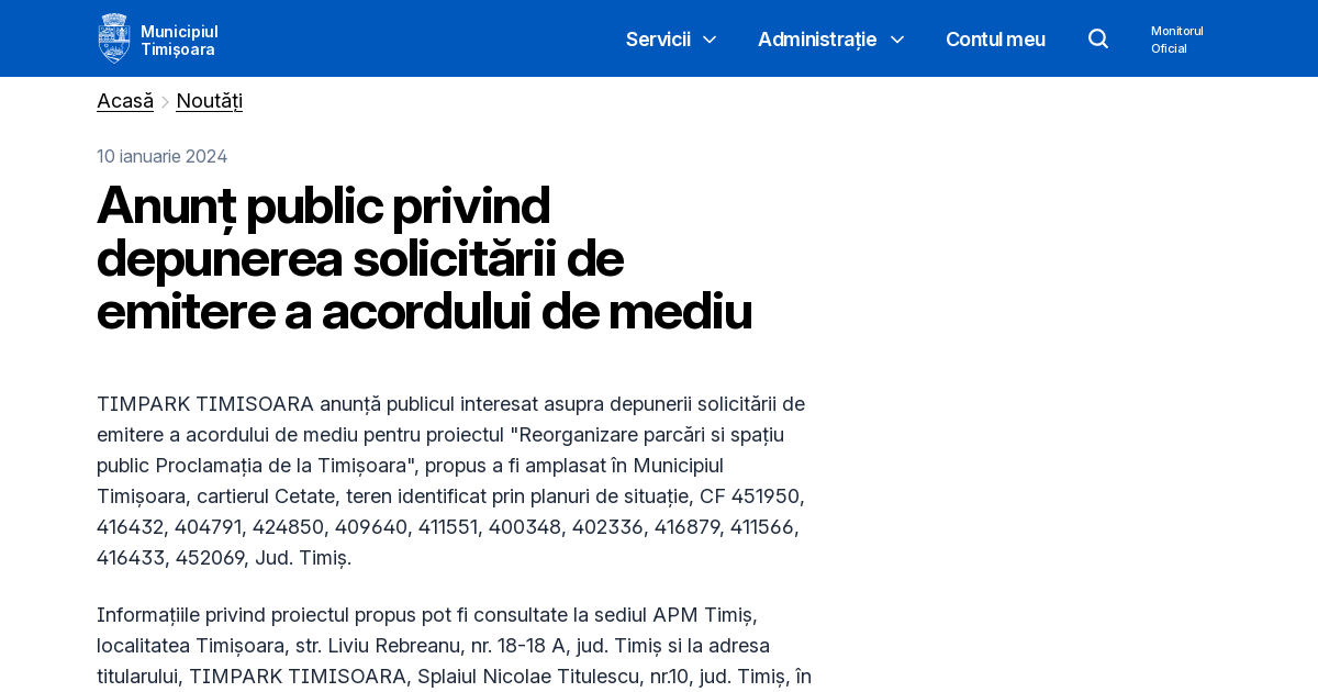 Anunț public privind depunerea solicitării de emitere a acordului de mediu